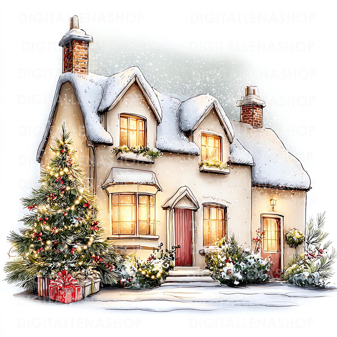 Watercolor Christmas Houses Clipart: Cozy Winter Holiday Illustrations ...