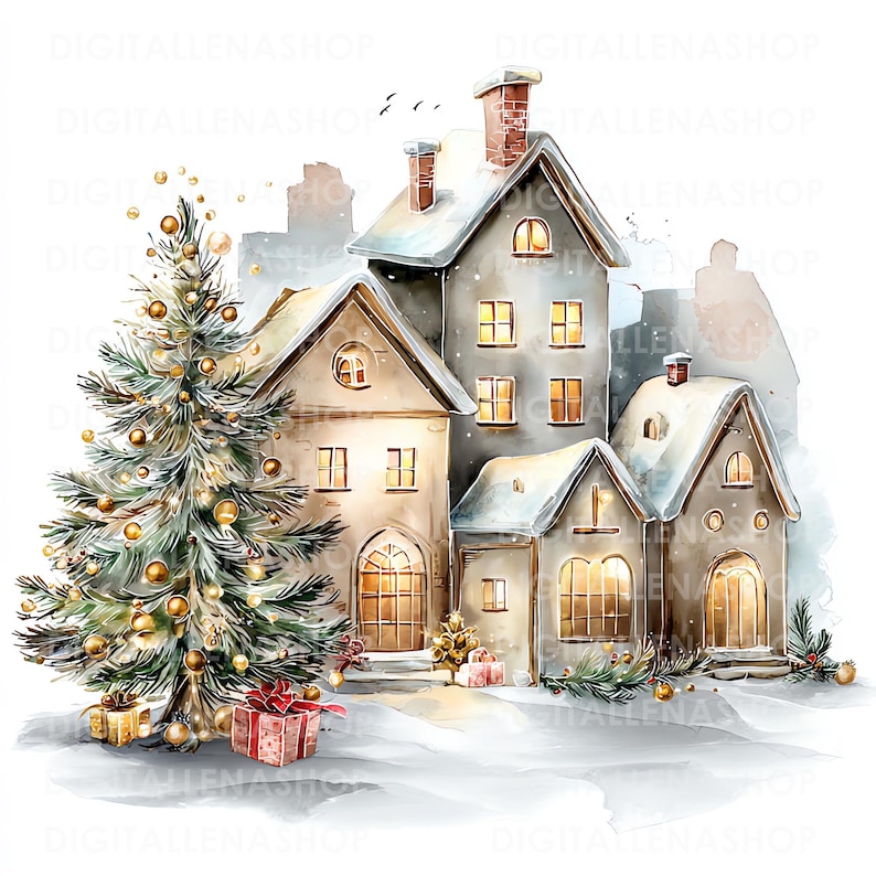Watercolor Christmas Houses Clipart: Cozy Winter Holiday Illustrations ...