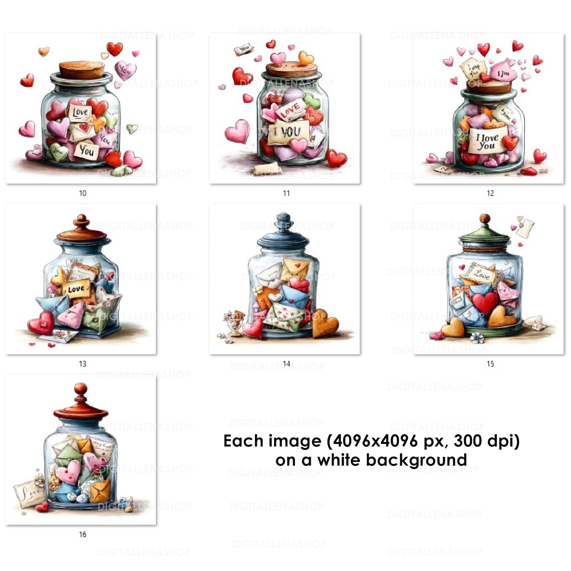 Valentine Hearts in Jar Watercolor Clipart: 16 JPG for Creating ...