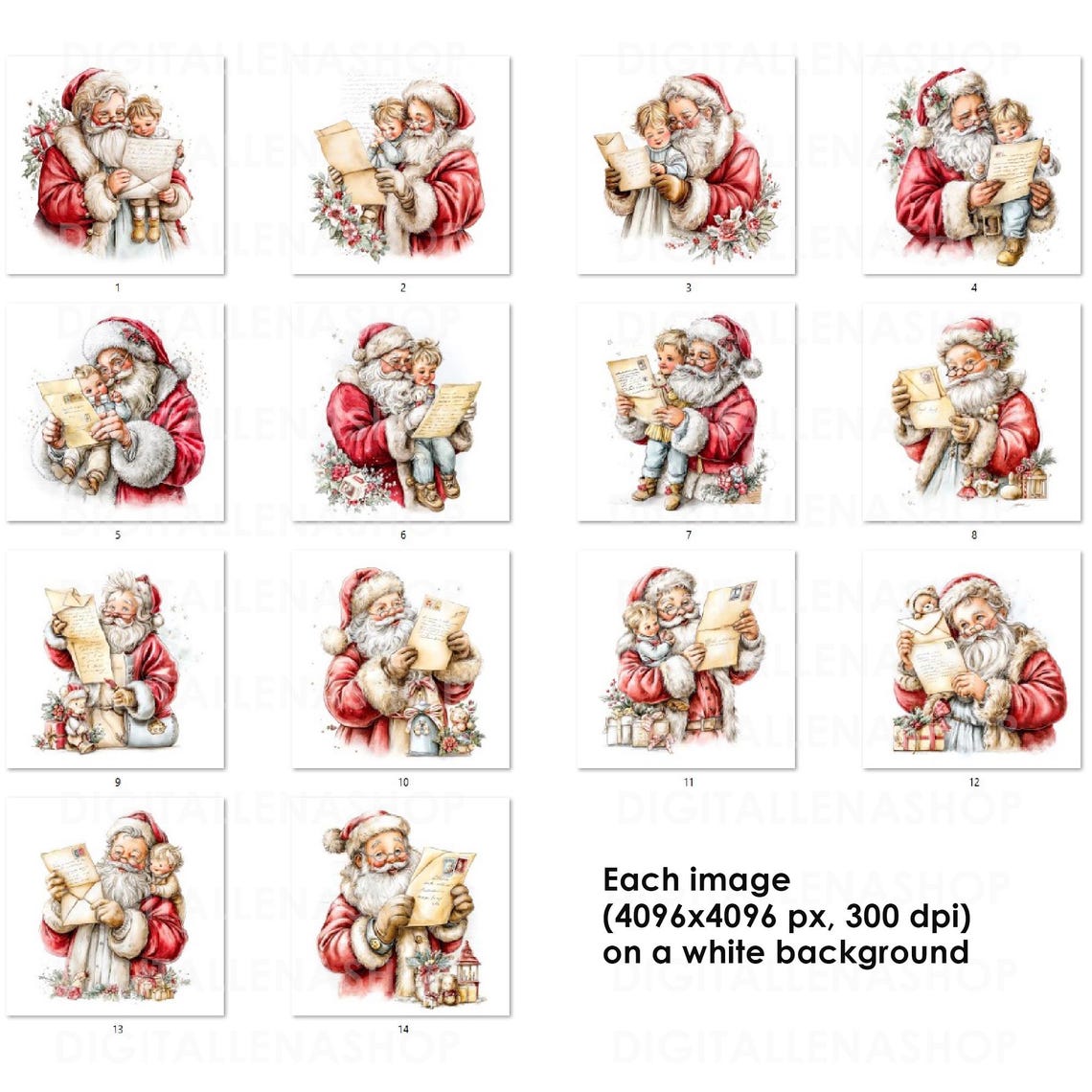 Vintage Santa Reading Letter Watercolor Clipart: 14 Jpgs (digital ...