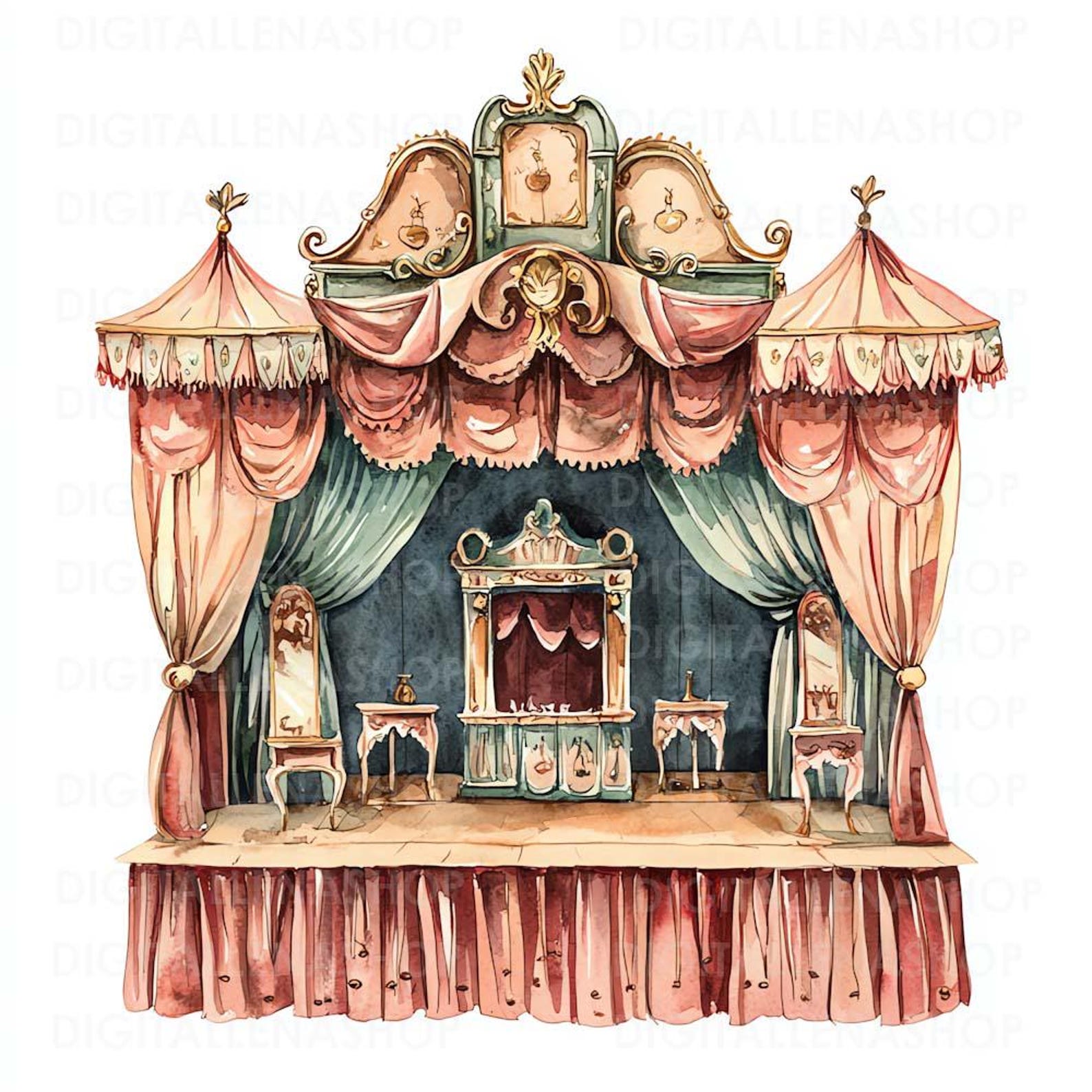 Victorian Puppet Theatre Stage Watercolor Clipart 12 JPG Files, Junk ...