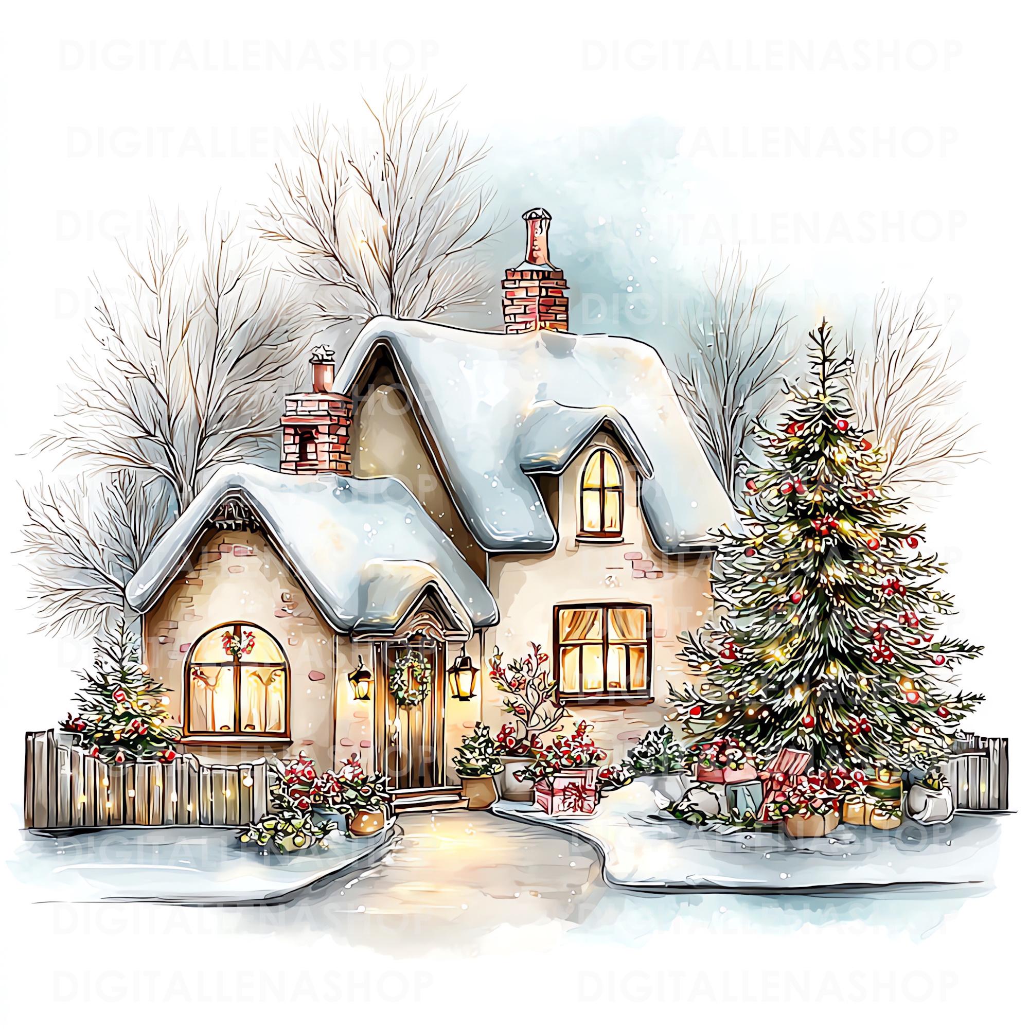 Watercolor Christmas Houses Clipart: Cozy Winter Holiday Illustrations ...