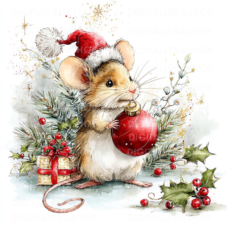 Christmas Mouse Watercolor Clipart: Whimsical Holiday Illustrations ...