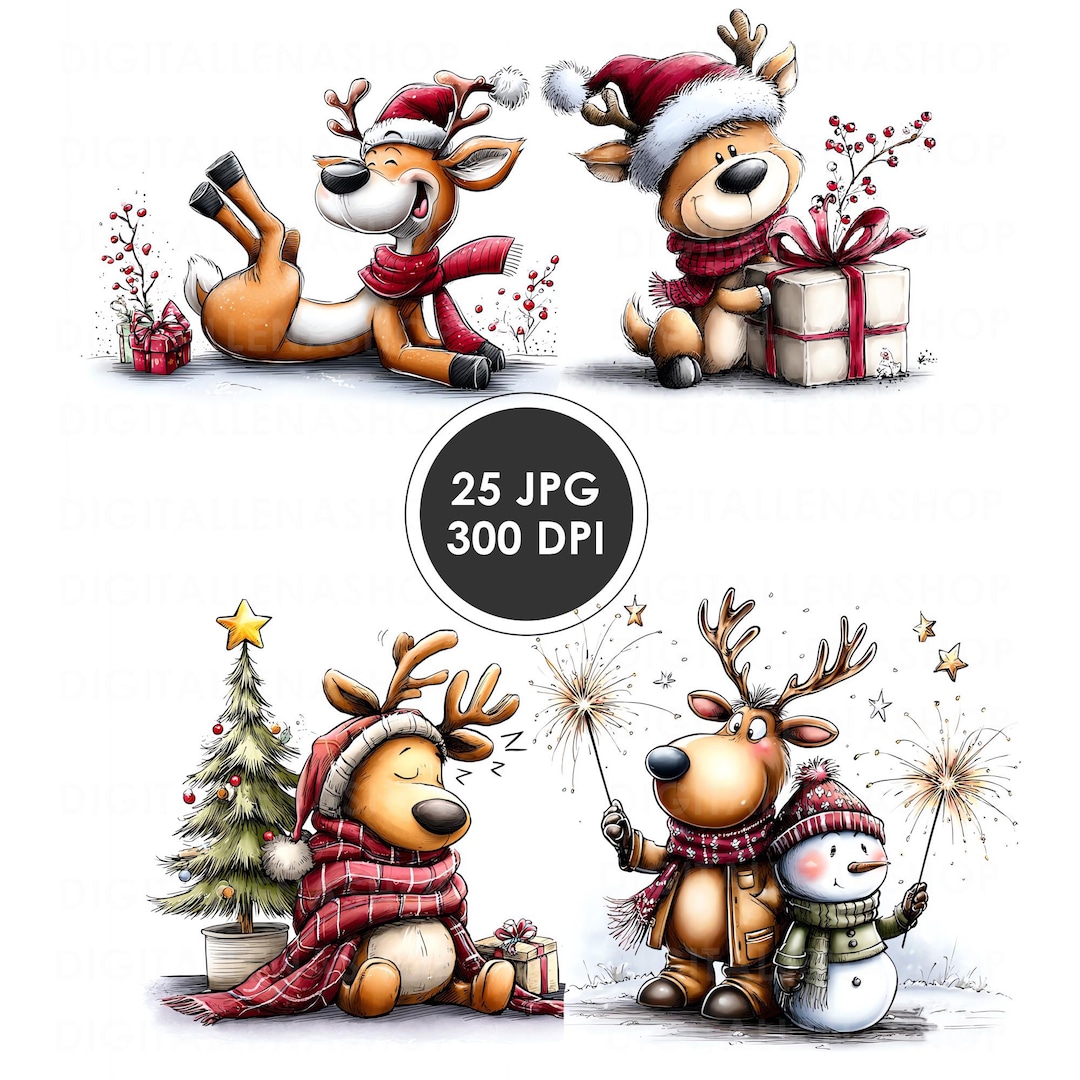 Watercolor Christmas Reindeer Clip Art: 25 Holiday JPG Images (digital ...