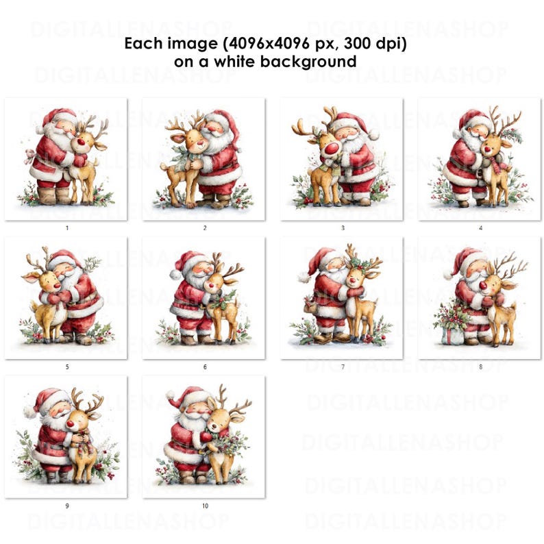 Watercolor Santa and Reindeer Clipart: Christmas Card Art (digital ...