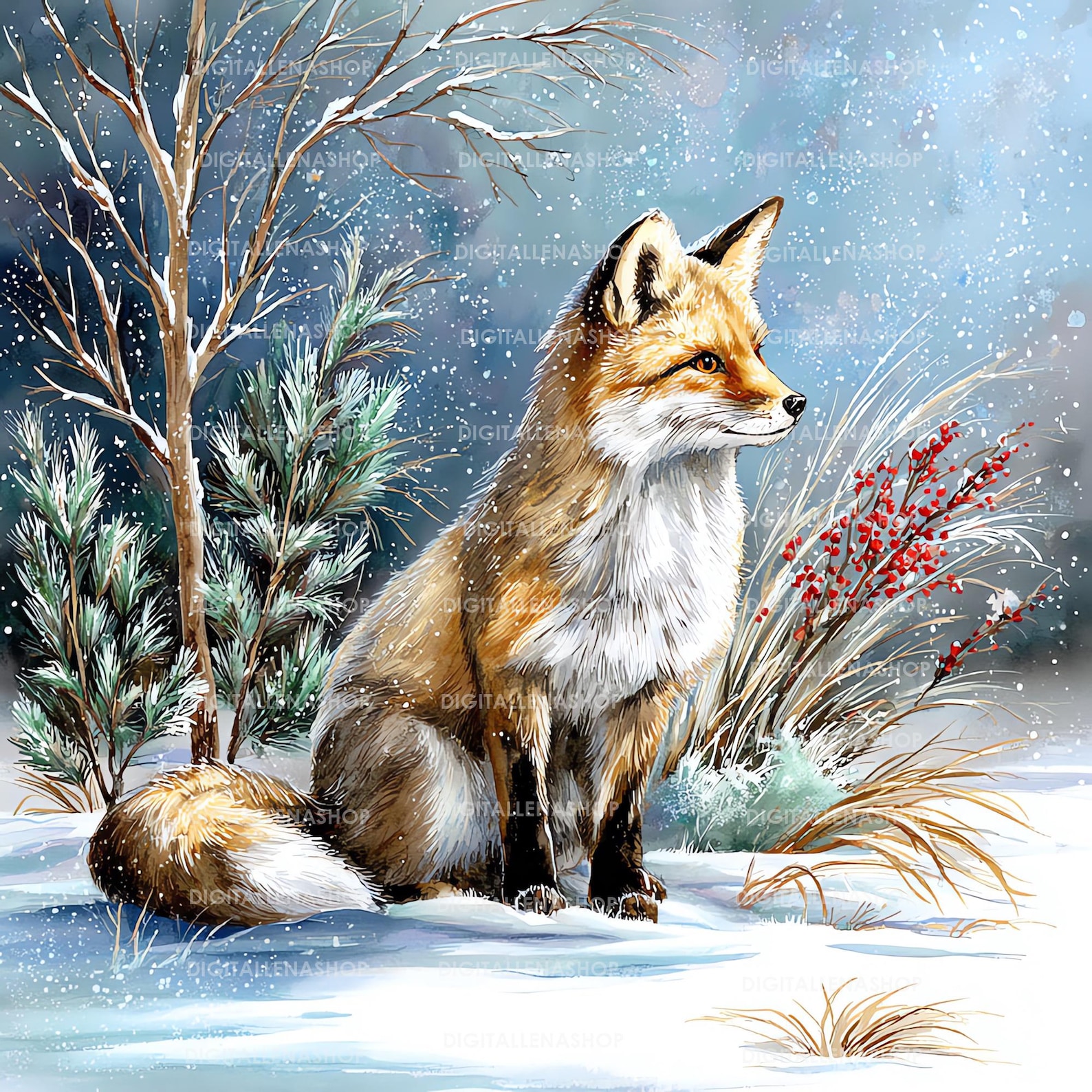 Watercolor Fox in the Winter Forest Clipart: 14 Winter Woodland Animals ...