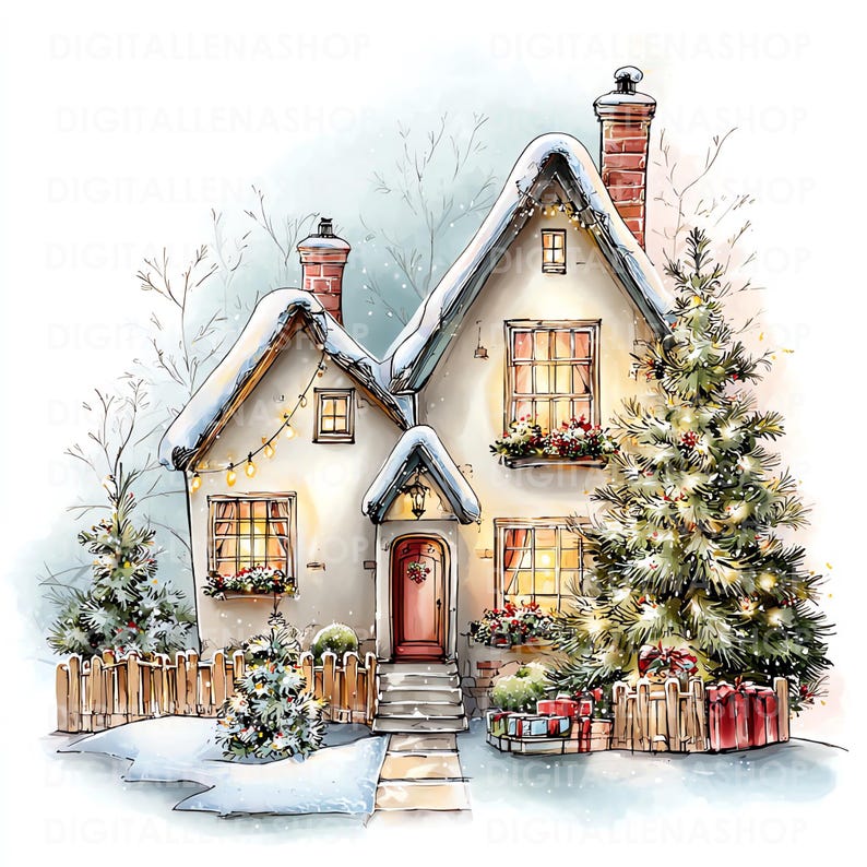 Watercolor Christmas Houses Clipart: Cozy Winter Holiday Illustrations ...