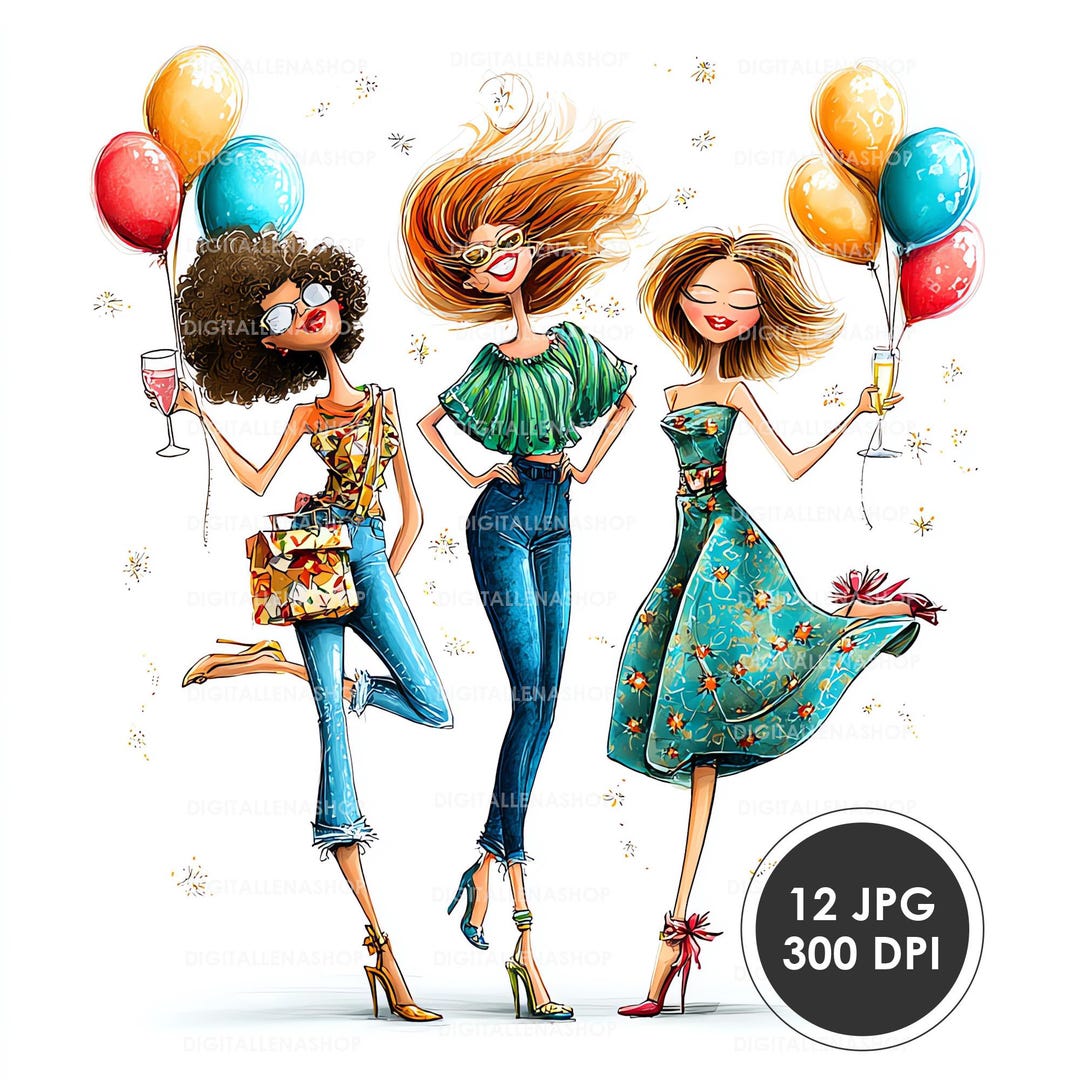 Whimsical Friends Watercolor Clipart: Quirky Girls Party Art (digital ...