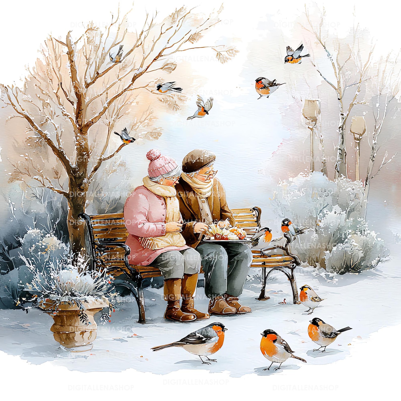 Winter Romance Clipart: Watercolor Elderly Couple Illustration (digital ...