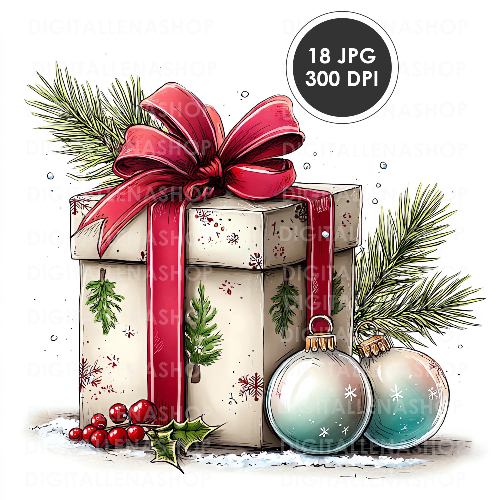 Watercolor Christmas Gift Box Clipart: Holiday Present Illustrations ...