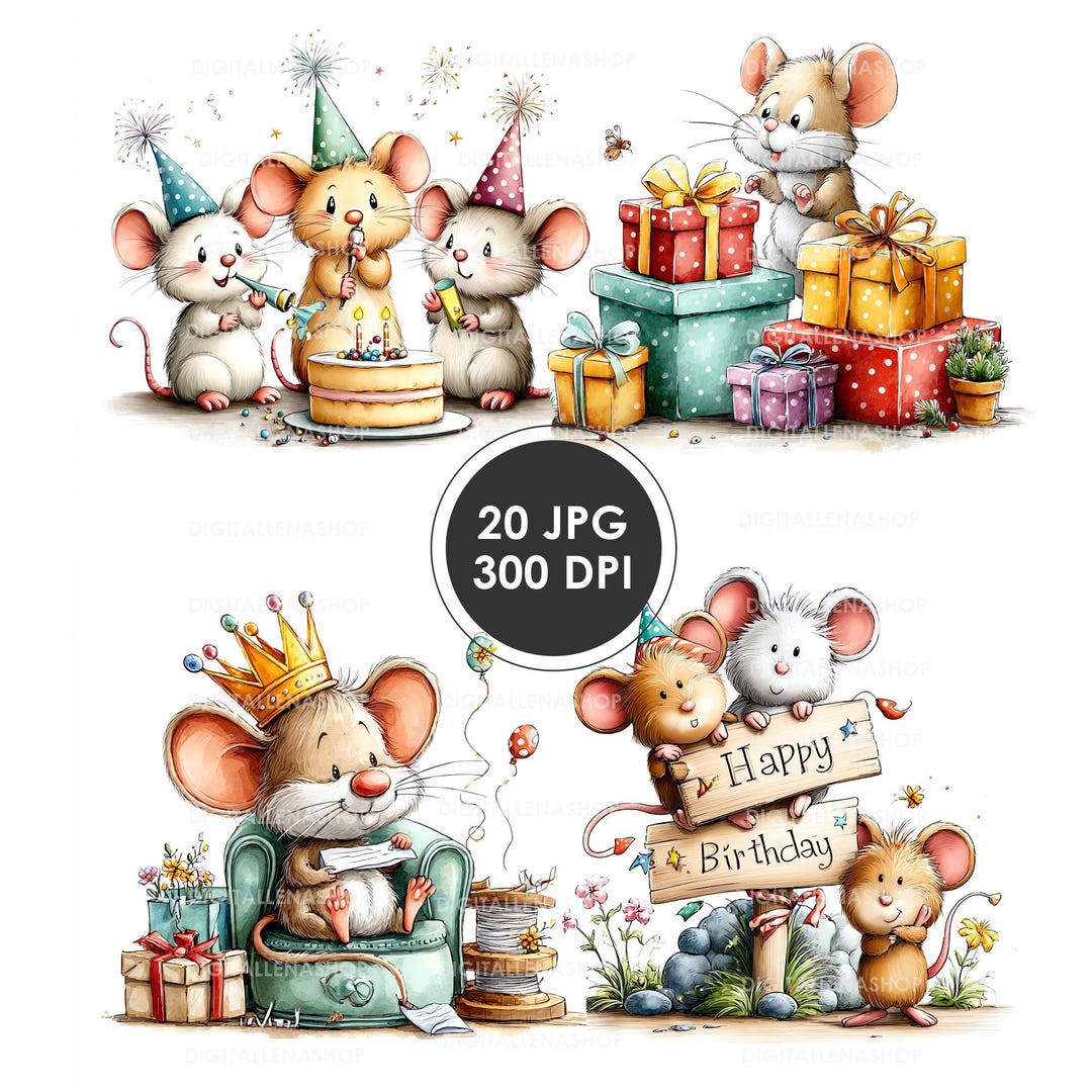 Quirky Mice Birthday Watercolor Clipart Set, Kids Birthday Clip Art ...