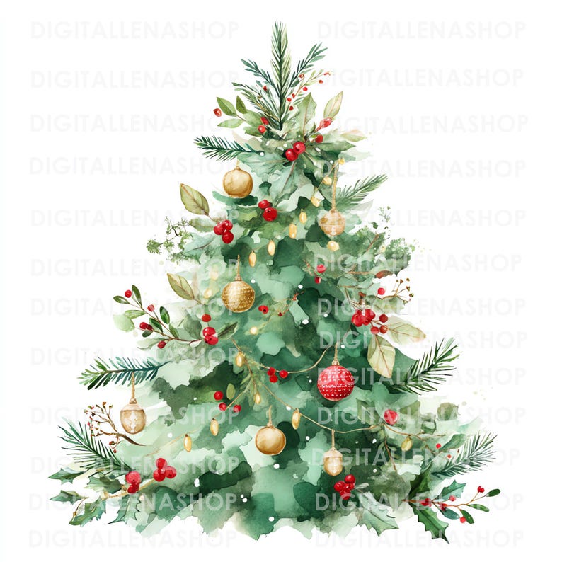 Vintage Christmas Tree Watercolor Clipart: Holiday Cards, Junk Journals ...