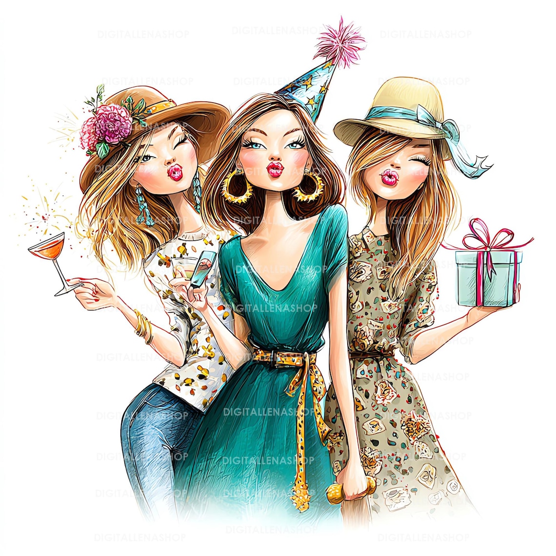 Whimsical Friends Watercolor Clipart: Quirky Girls Party Art (digital ...