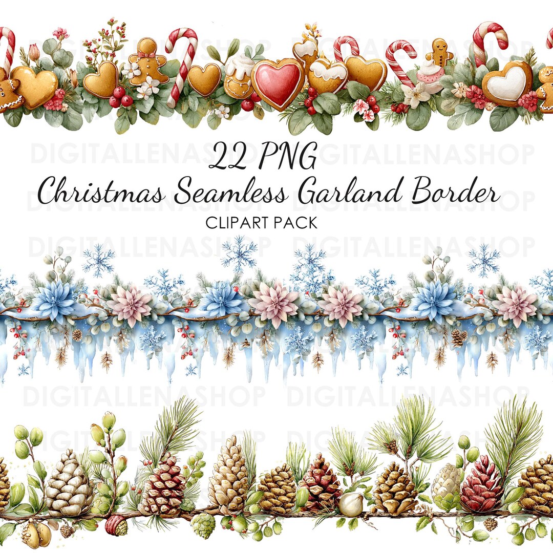 Watercolor Christmas Decor Seamless Garland Border Clipart: for ...