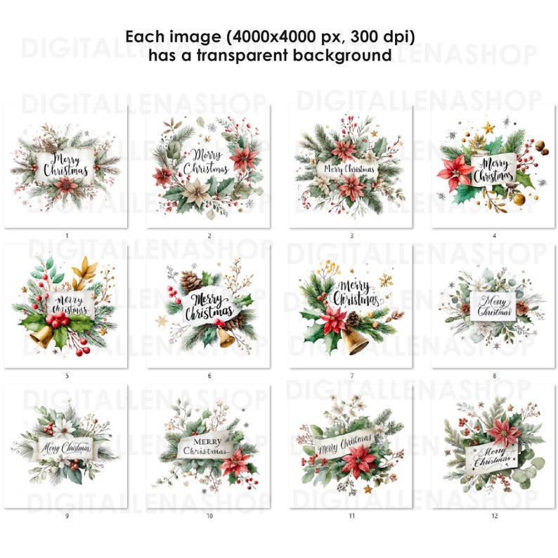 Watercolor Merry Christmas Clipart Set: Holiday Lettering (PNG Files ...