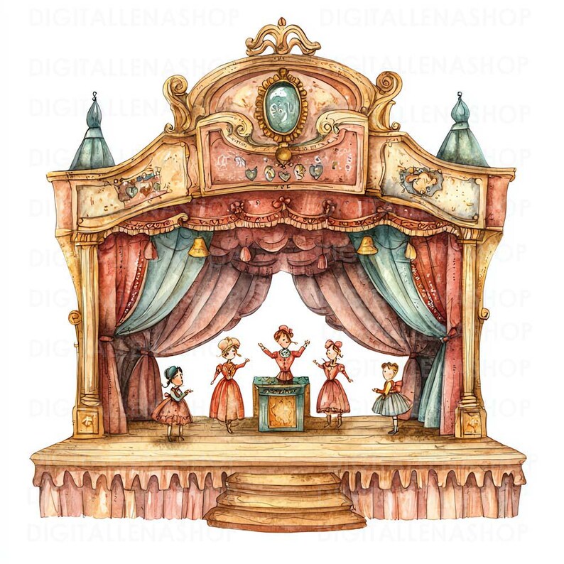 Victorian Puppet Theatre Watercolor Clipart: Vintage Stage ...