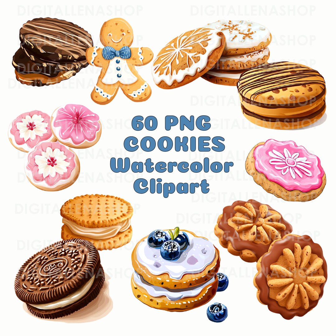 Watercolor Cookies Clipart: 60 PNG Holiday Cookie Images (digital ...