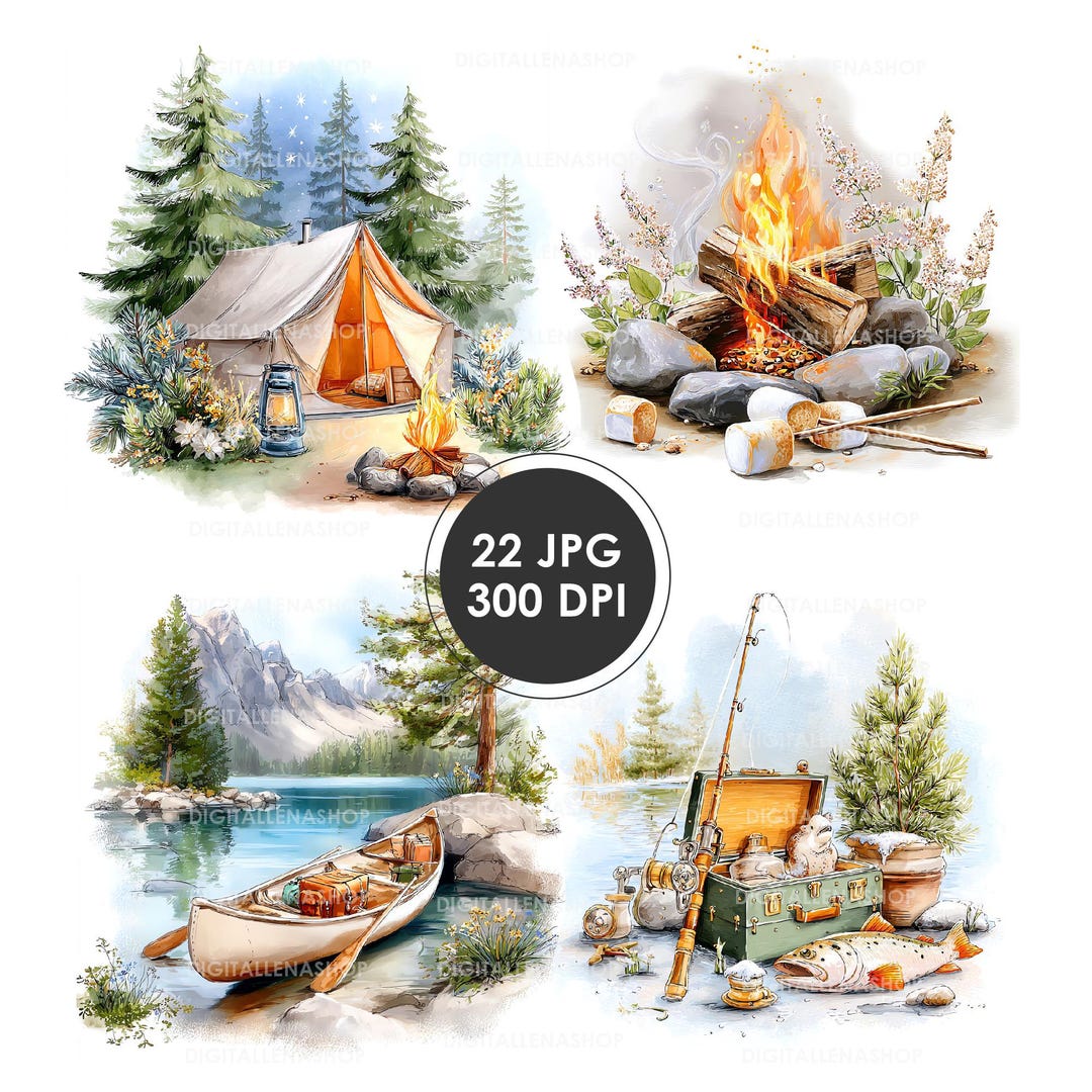 Camping Watercolor Clipart Set: 22 JPG (digital Download) Campfire ...