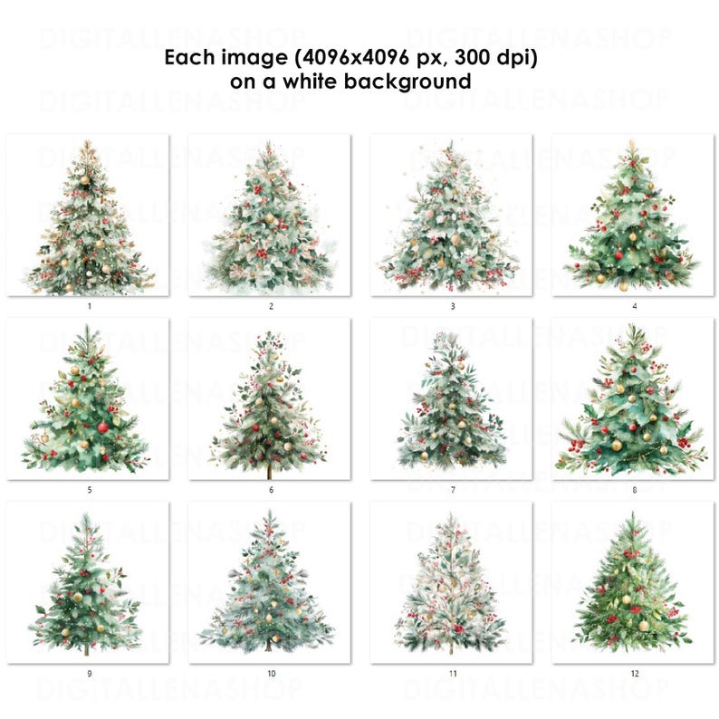 Vintage Christmas Tree Watercolor Clipart: Holiday Cards, Junk Journals ...