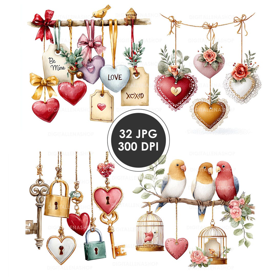 Valentine Heart & Key Pendants Watercolor Clipart: 32 JPG for Creating ...