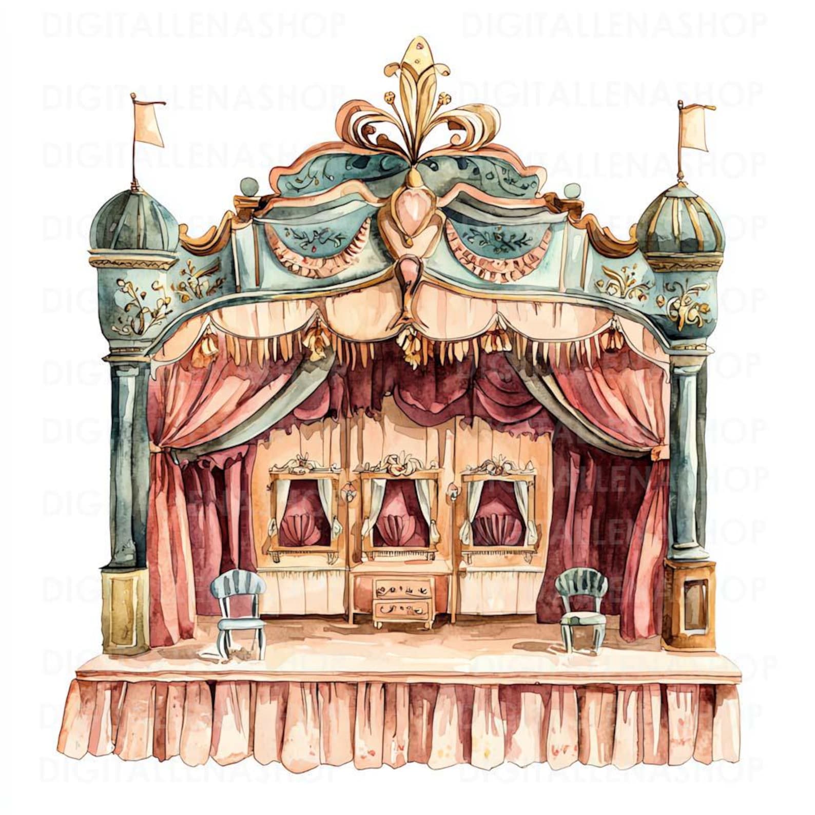 Victorian Puppet Theatre Watercolor Clipart: Vintage Stage ...