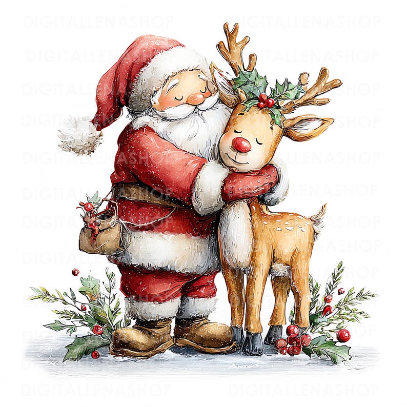 Watercolor Santa and Reindeer Clipart: Christmas Card Art (digital ...