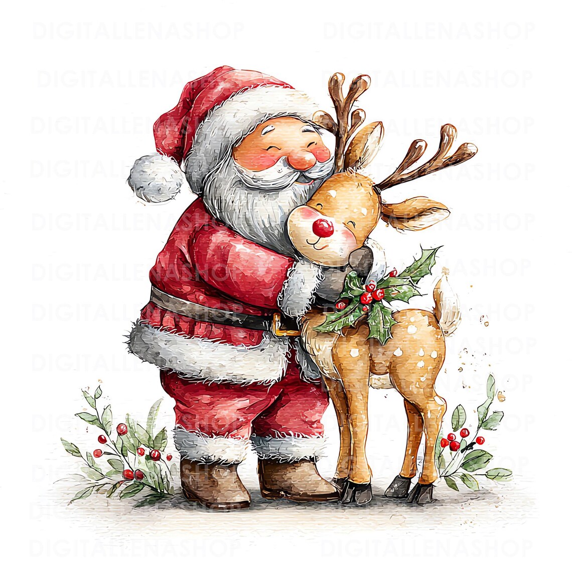 Watercolor Santa and Reindeer Clipart: Christmas Card Art (digital ...