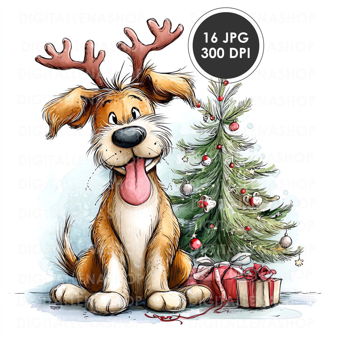Watercolor Christmas Dog Clipart: Reindeer Antlers (digital Download ...