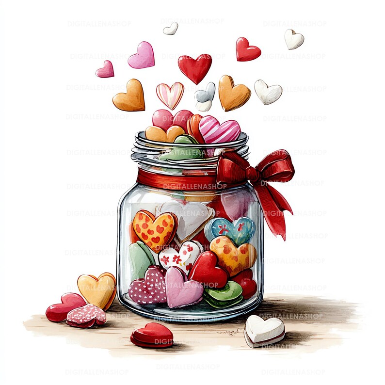Valentine Hearts in Jar Watercolor Clipart: 16 JPG for Creating ...