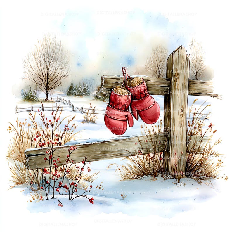 Winter Mittens Watercolor Clipart: Red Mittens on Fence (10 JPG Files ...