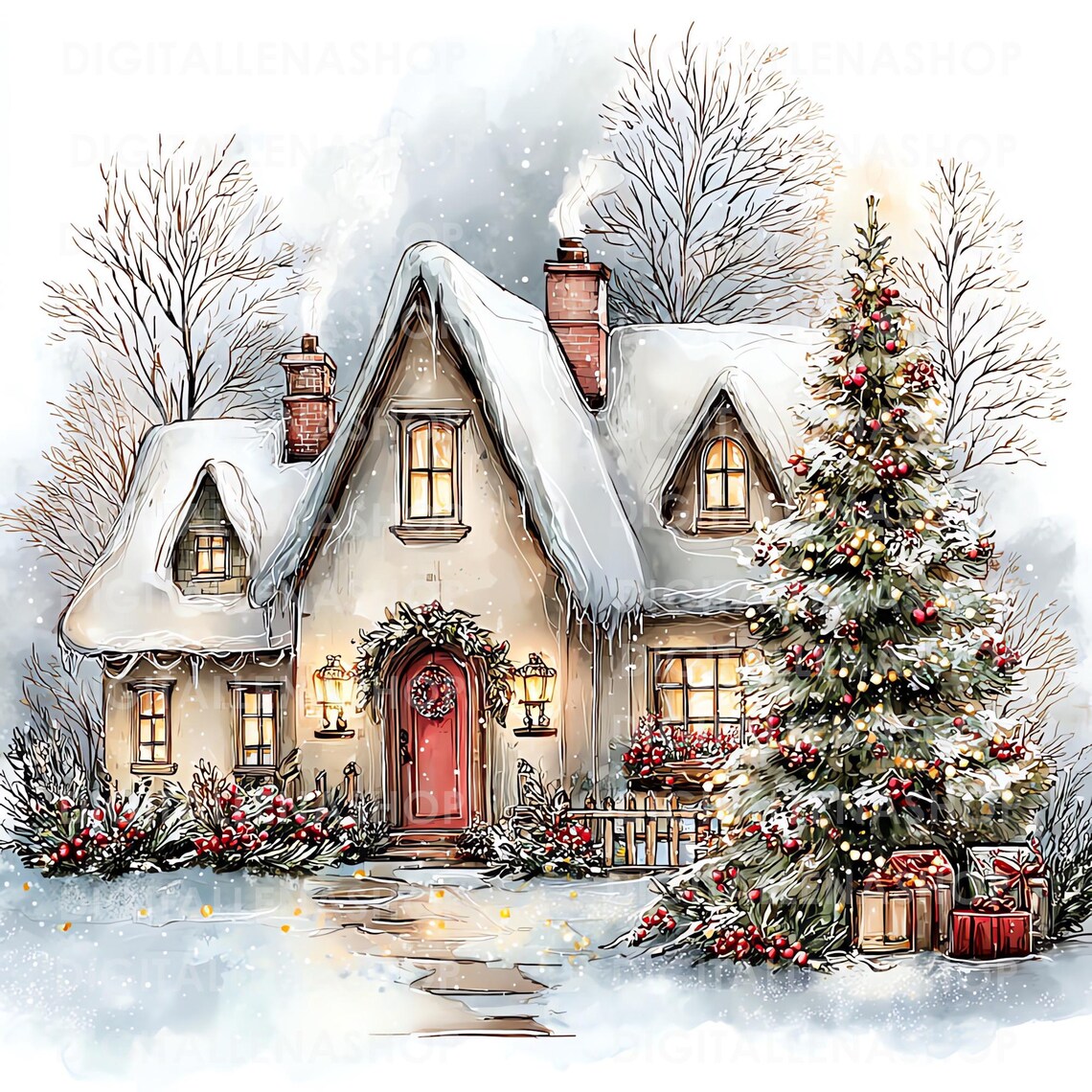 Watercolor Christmas Houses Clipart: Cozy Winter Holiday Illustrations ...