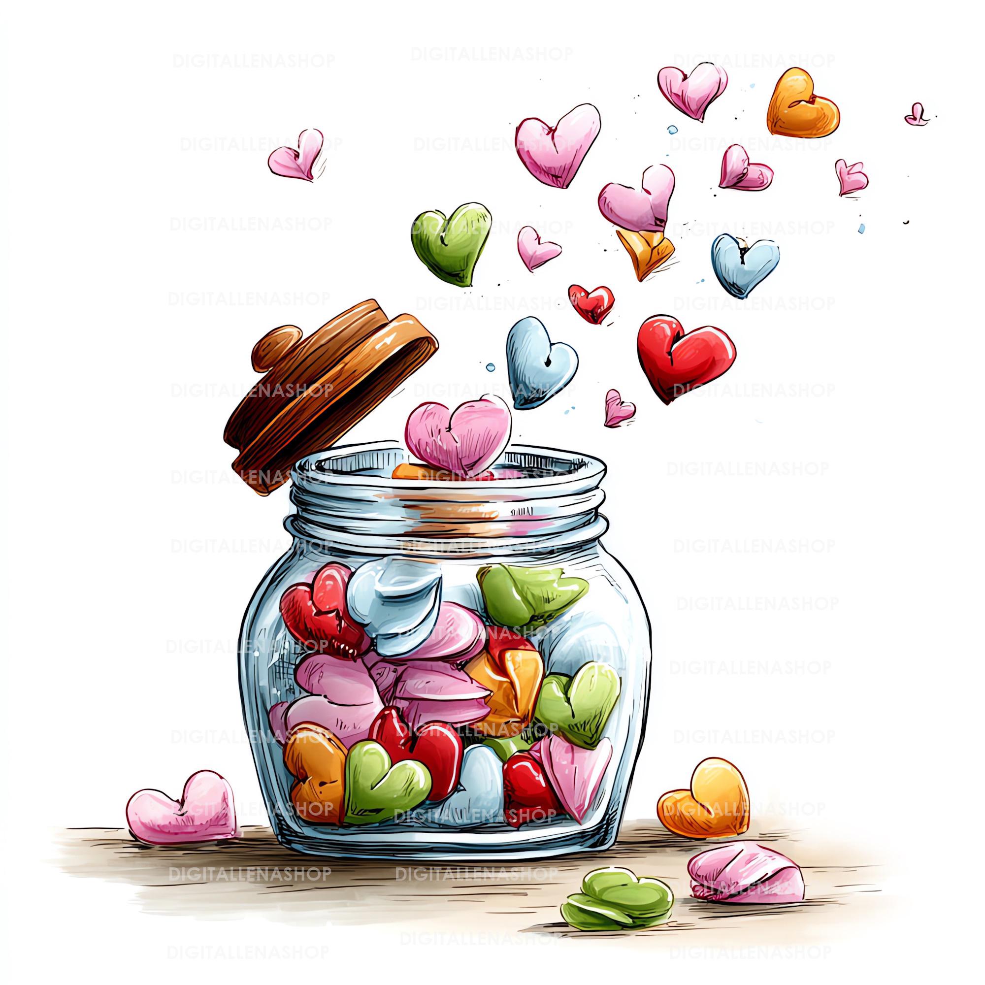 Valentine Hearts in Jar Watercolor Clipart: 16 JPG for Creating ...