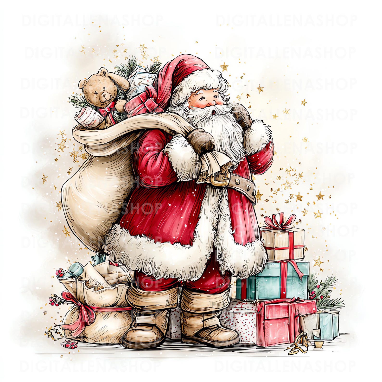 Vintage Santa Watercolor Clipart: 16 Christmas JPG Files (digital ...
