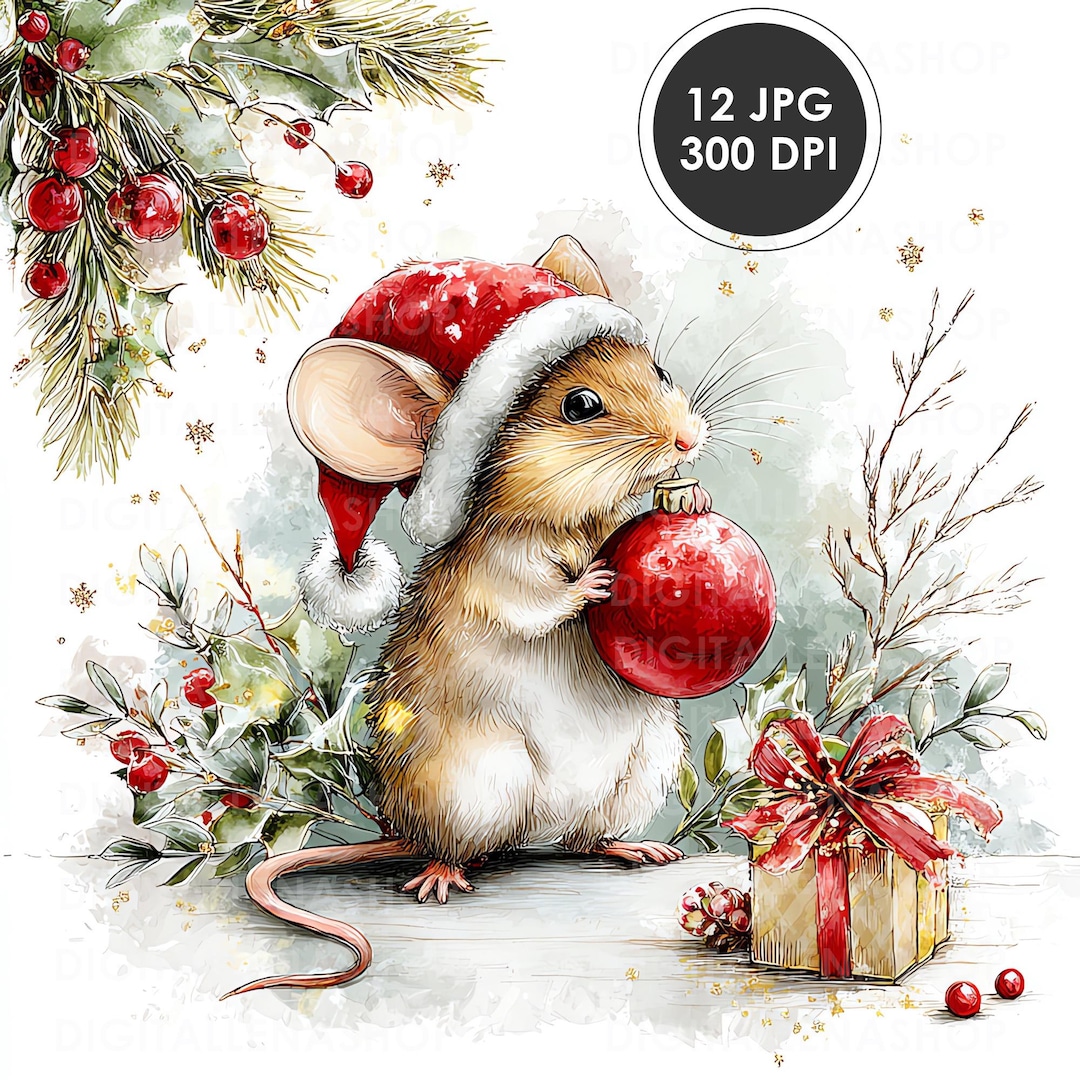 Christmas Mouse Watercolor Clipart: Whimsical Holiday Illustrations ...