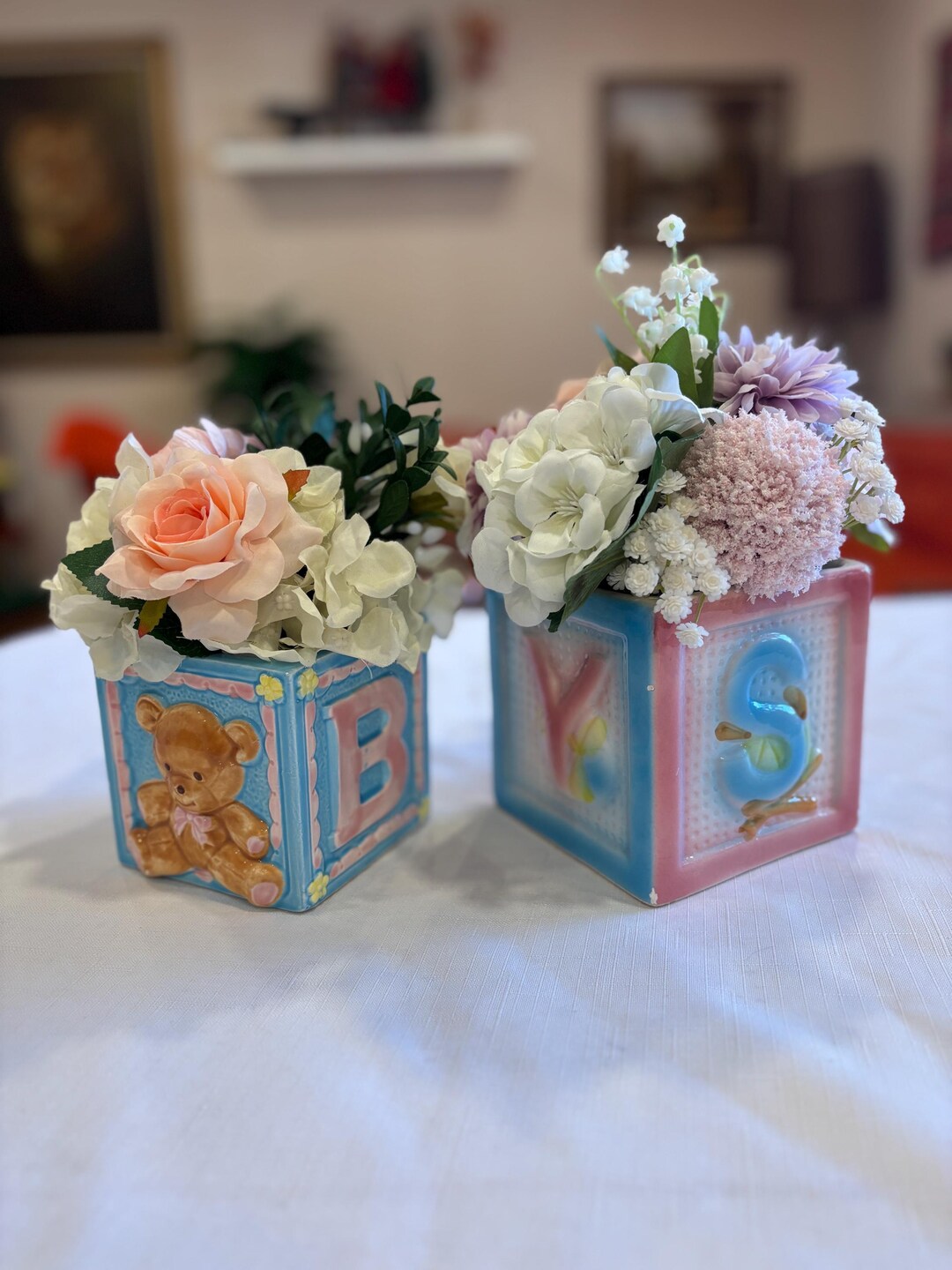 Vintage Japanese Baby Block Planter Pair With Faux Florals - Etsy
