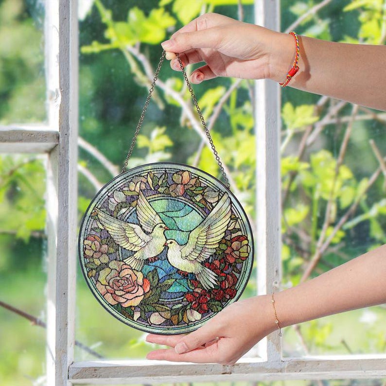 Doves Stained Glass Suncatcher, Dove Window Decor, Dove Bird Light ...