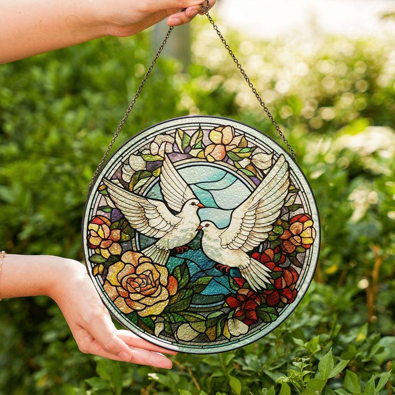 Doves Stained Glass Suncatcher, Dove Window Decor, Dove Bird Light ...
