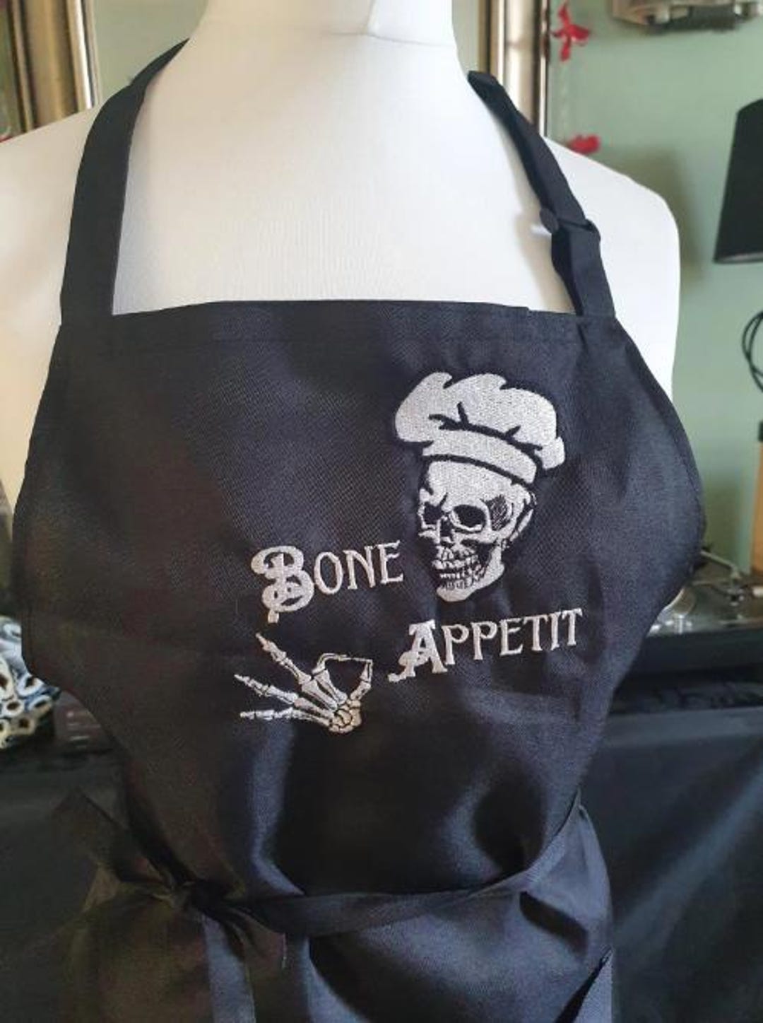 Bone Appetite Chef's Kiss Embroidered Black Apron | Goth Home Kitchen ...