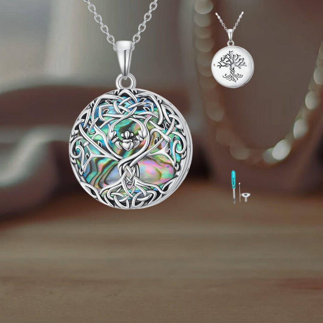 Claddagh Tree of Life Urn Necklace 925 Sterling Silver Abalone Shell ...
