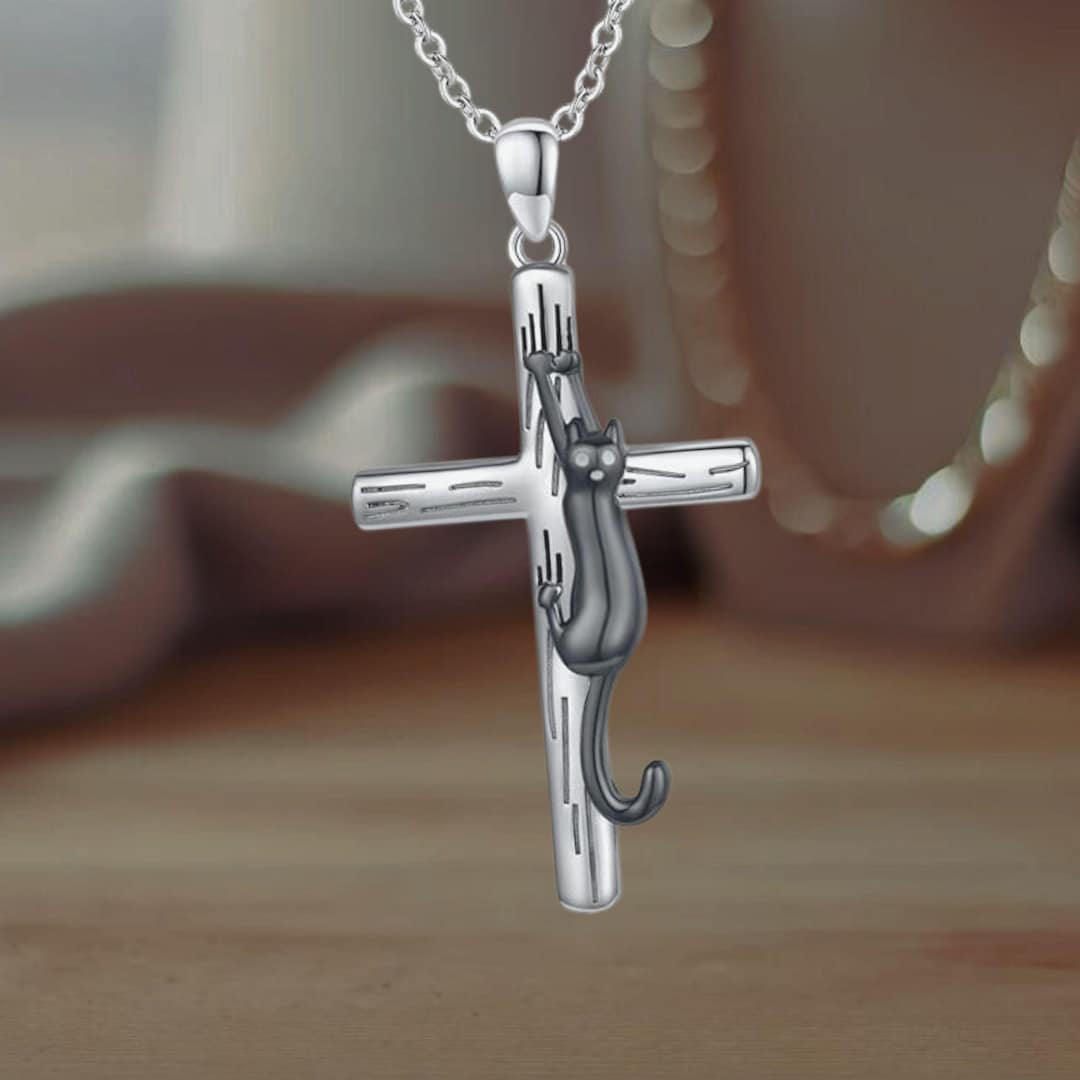 Cross Necklace Sterling Silver Cat Christian Cross With Cat Pendant ...