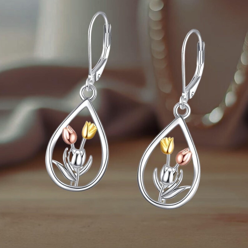Tulip Flower Earrings 925 Sterling Silver Leverback Dangle Drop Tulip ...