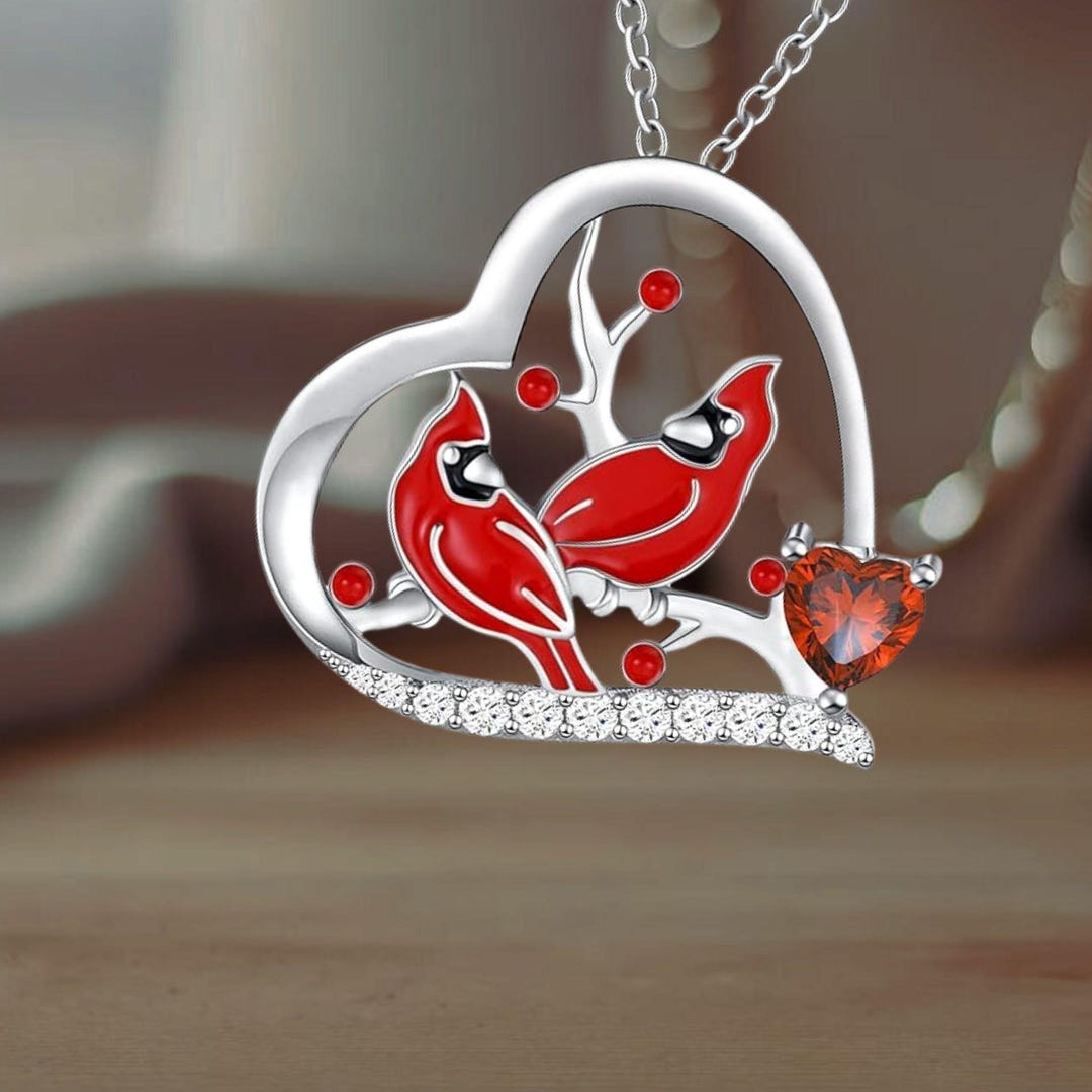 Red Cardinal Love Heart Bird Necklace 925 Sterling Silver Cardinal ...