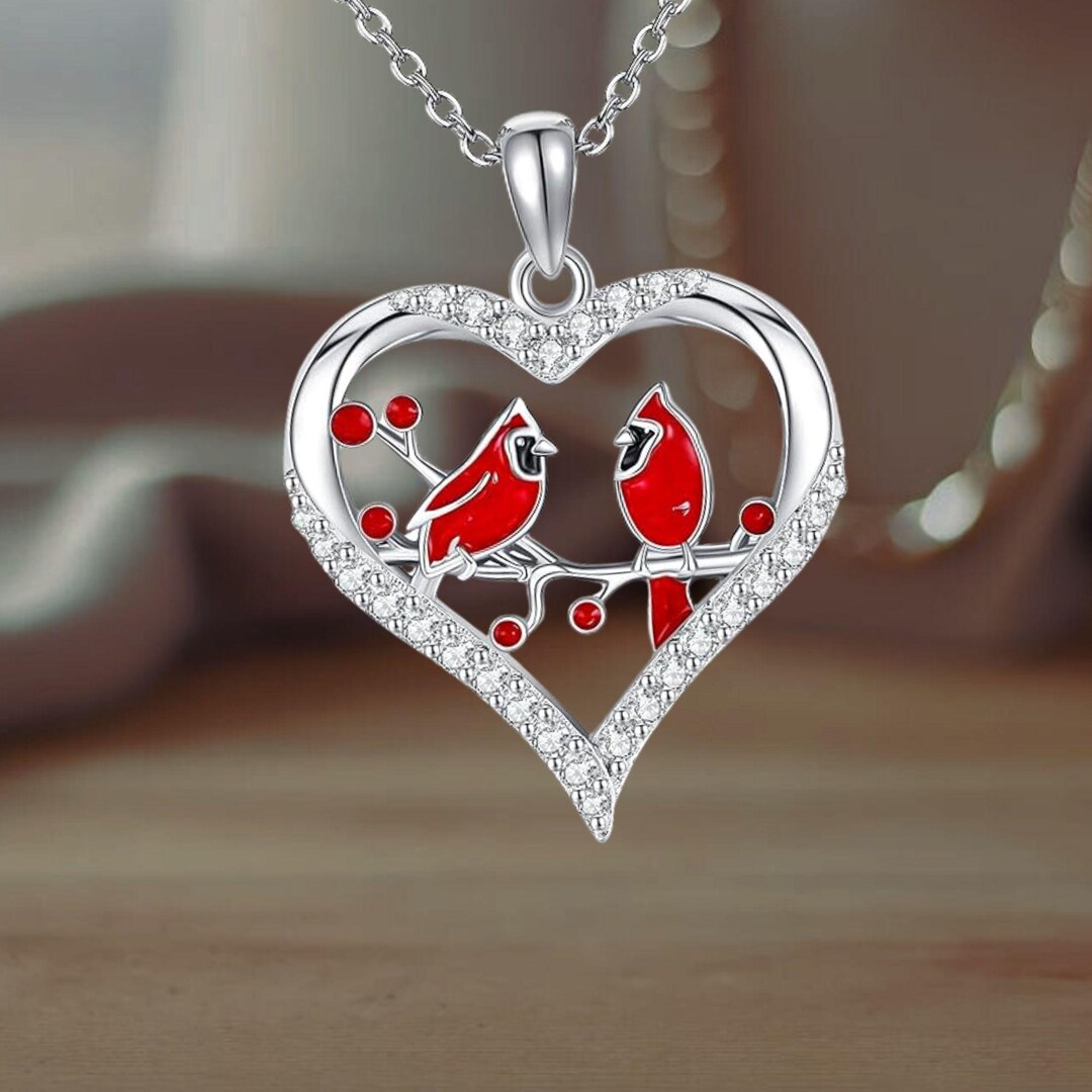 Red Cardinal Love Heart Necklace for Women 925 Sterling Silver Cardinal ...