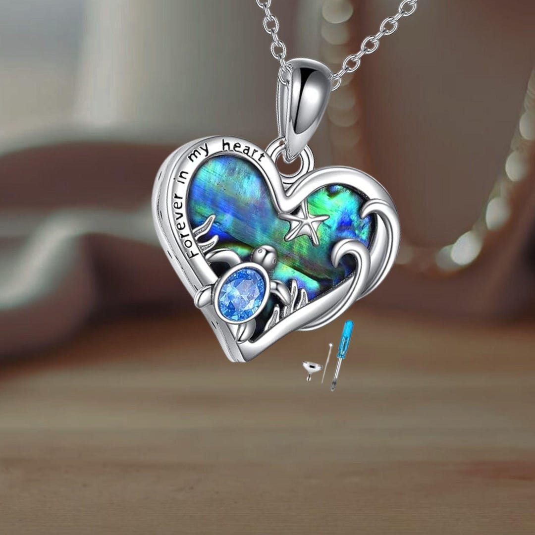 Turtle Love Heart Urn Necklace With Abalone Shell Urn Necklace Memory ...