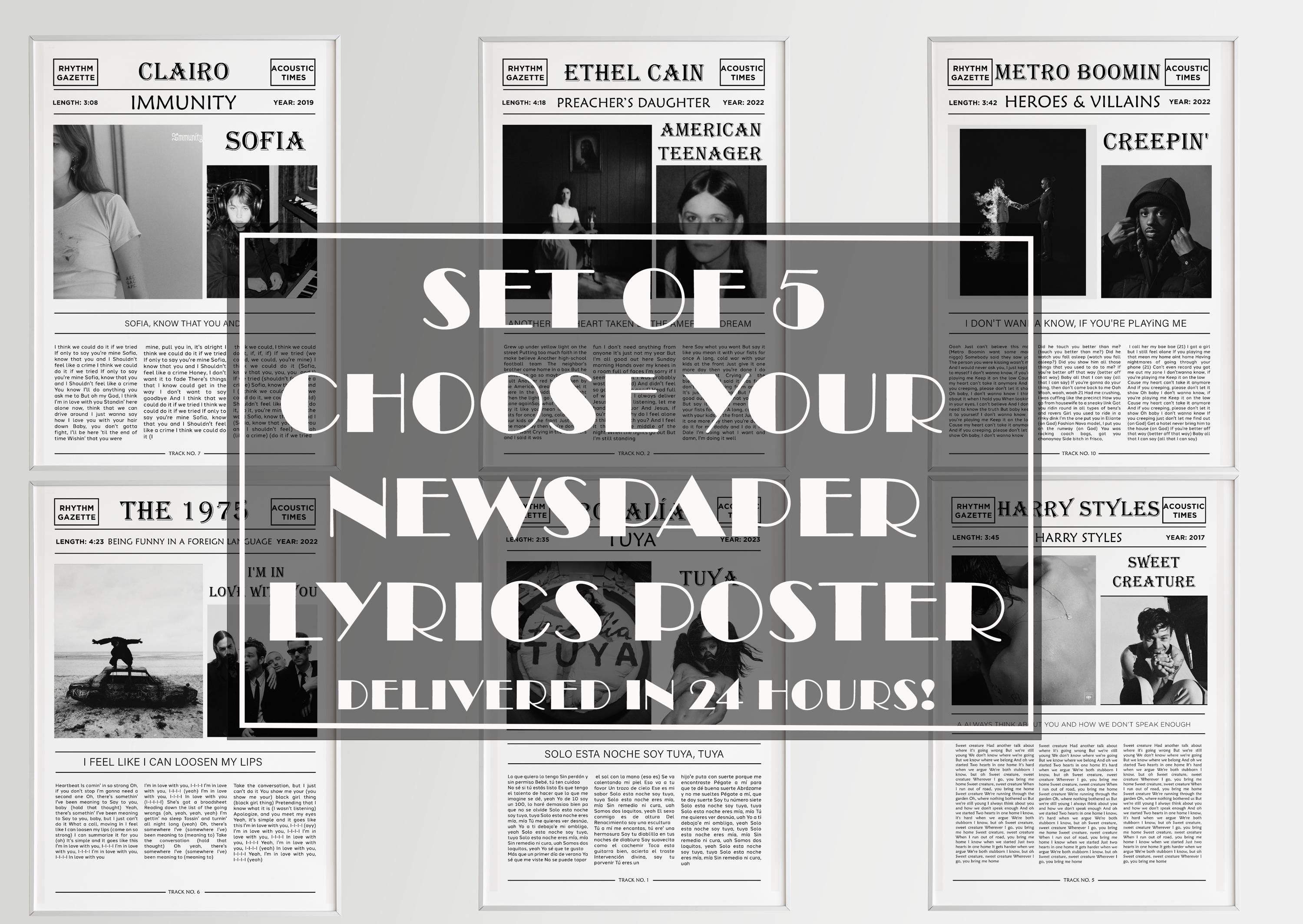 Set of 5 Custom Newspaper Album Cover Poster / Custom Song Lyrics ...