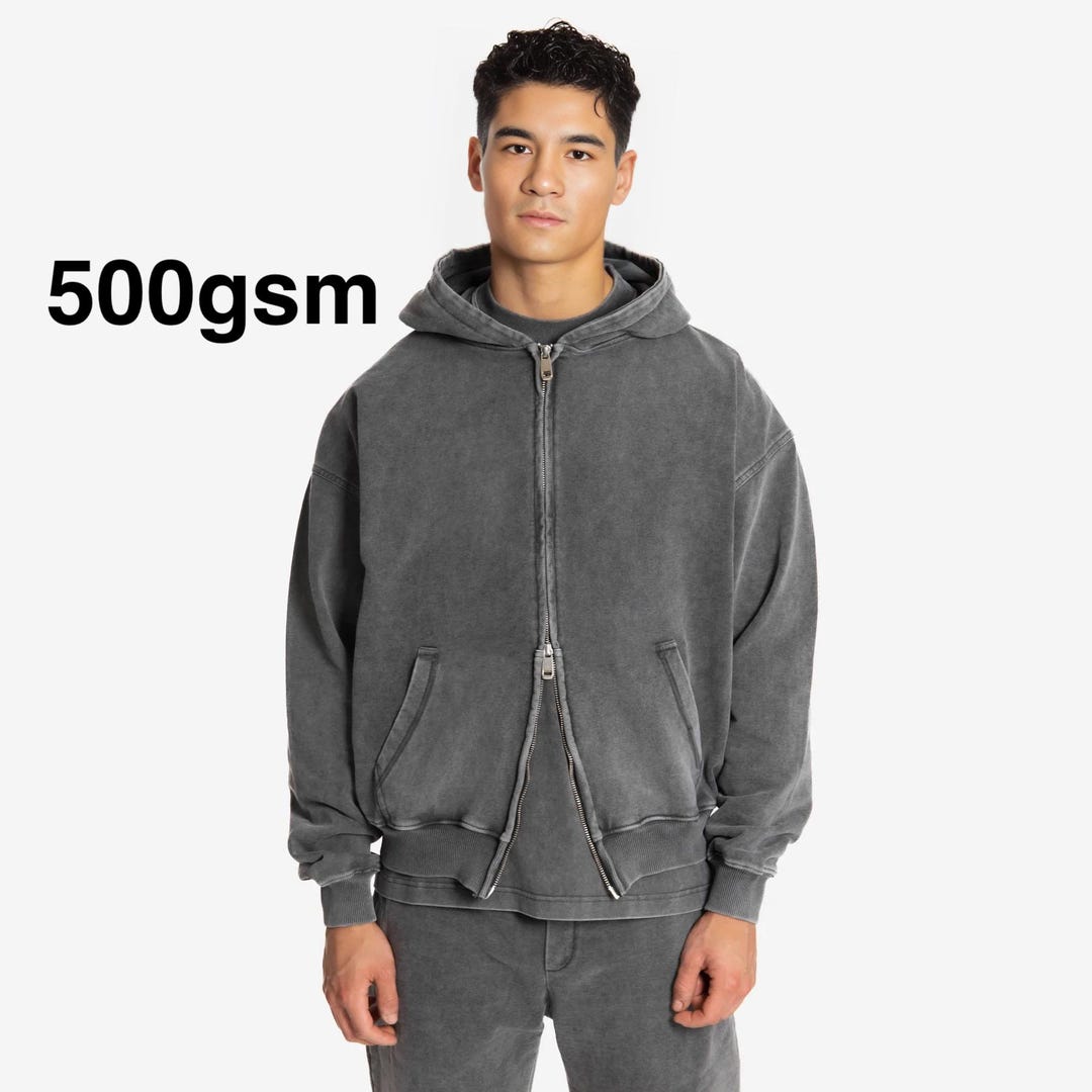 500gsm Blank Acid Washed Grey Zip Hoodie - Ultra Heavyweight Oversized ...