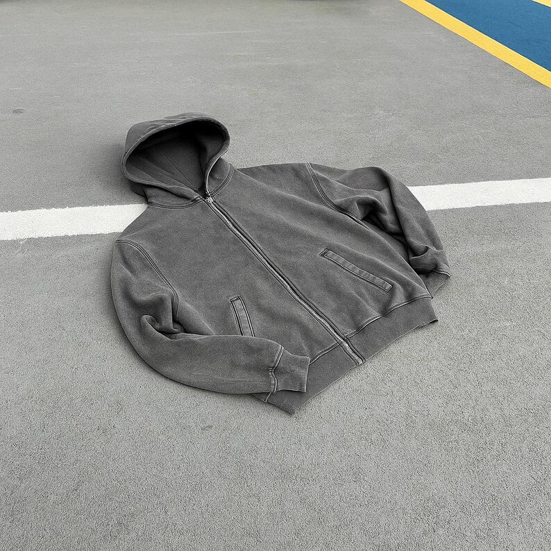 500gsm Blank Acid Washed Grey Zip Hoodie - Ultra Heavyweight Oversized ...