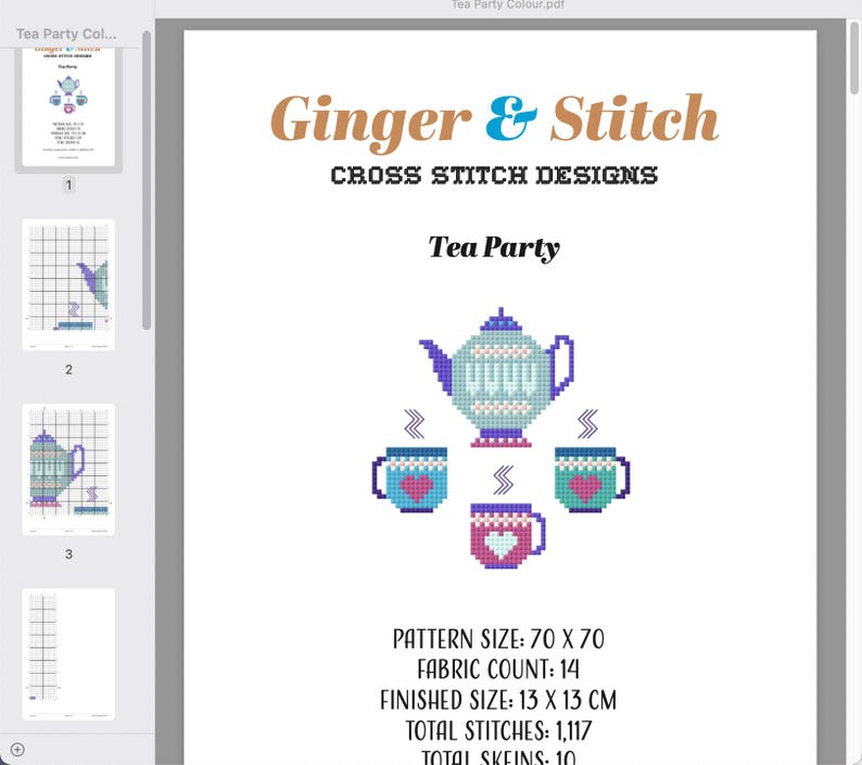 Tea Party - Teacups & Teapot Cross Stitch Pattern: Instant Download PDF ...