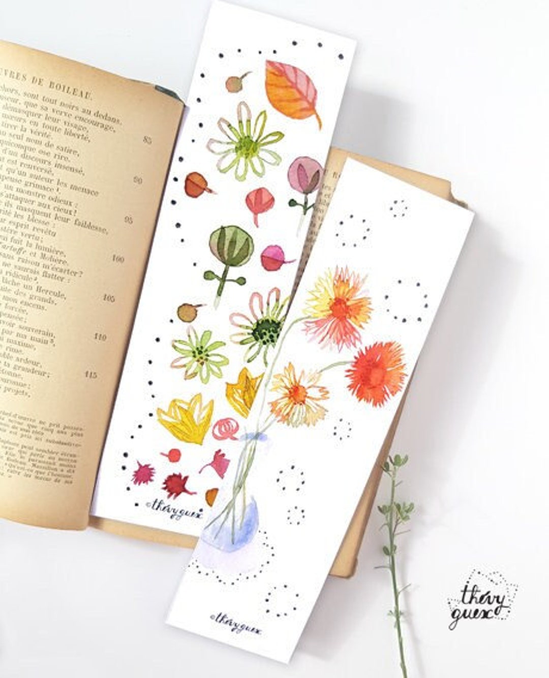 Set of Two Botanical Floral Watercolor Illustration Bookmarks, Small ...