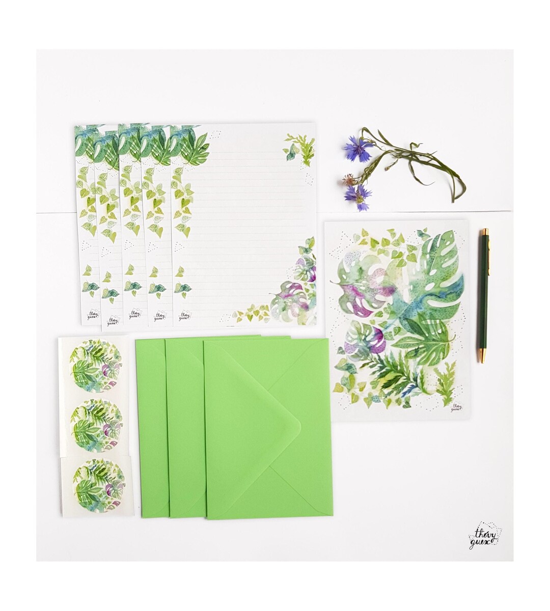 Botanical Green Tropical Writing Paper Set, Watercolor Illustration ...